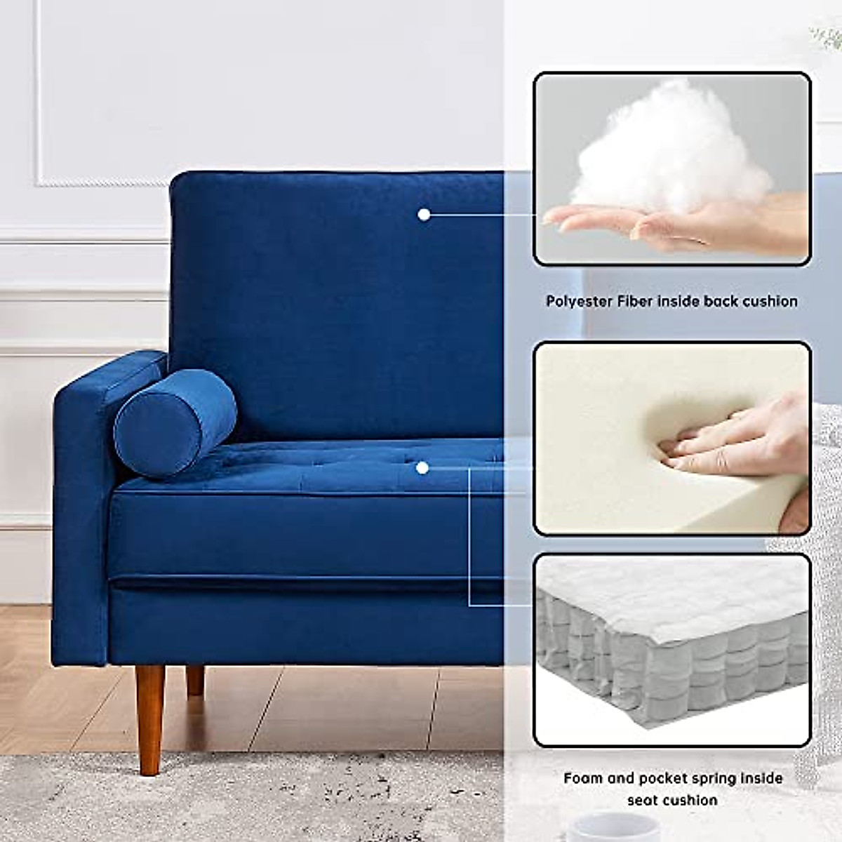 HomePop 3 Seater Velvet Sofa, Modern Couches for Living Room,Small Spaces, Dorm, Apartment, Blue