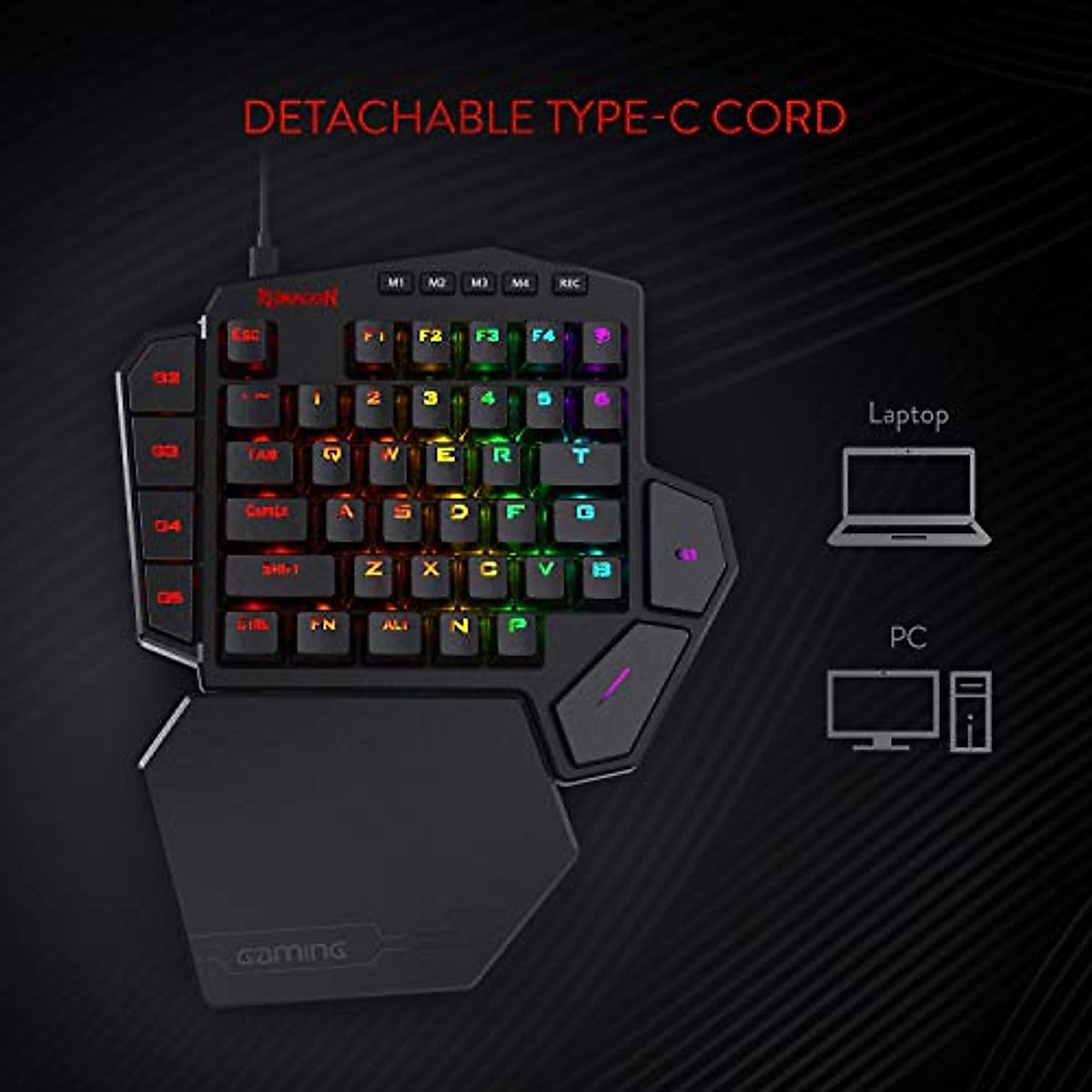 Redragon K585 DITI One-Handed RGB Mechanical Gaming Keyboard, Type-C Professional Gaming Keypad with 7 Onboard Macro Keys, Detachable Wrist Rest, 42 Keys (Black-Blue Switch)