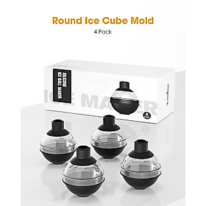 Large Round Ice Ball Maker Mold Silicone for Whiskey - Set of 4 with 2-in-1 Funnel Lid - 2.4 Inch Big Sphere Ice Mold for Cocktails Bourbon - Easy Release - Perfectly Round Ice Cube Tray