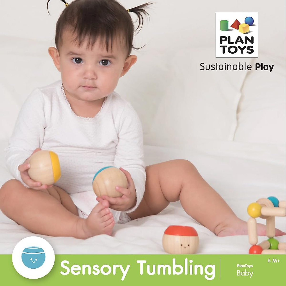 PlanToys Sensory Tumbling - Baby Toys with 3 Wooden Tumblers for Perceptual and Motor Skill Development