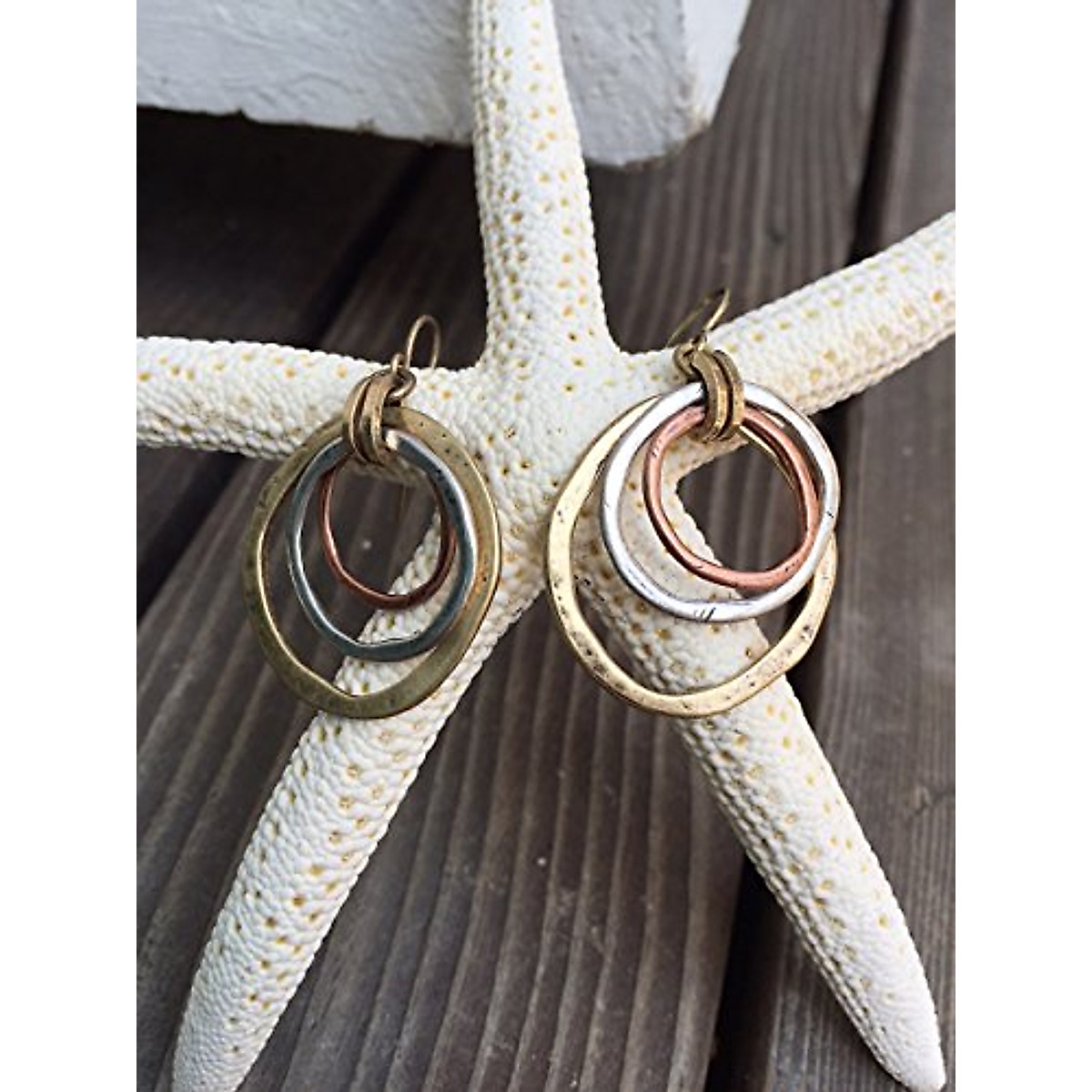Handmade Sunrise Tricolor Dangle Earrings - Burnished Circles, Copper, Brass and Silverplated