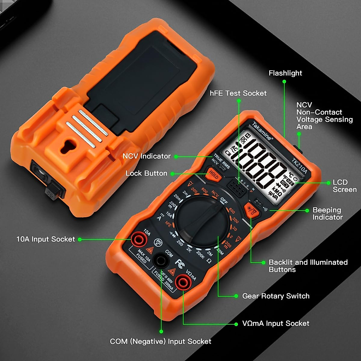 Takamine Digital Multimeter with Ohm Tester and Volt Amp Test Meter,DC AC Digital Voltmeter,NCV Function, Lighting, Bracket and Magnetic Suction Function,Measures Voltage Current Resistance Diodes