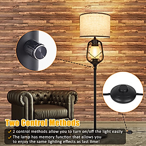 Rustic Farmhouse Floor Lamp with LED Night Light, 2-Light Tall Standing Lamp, Vintage Pole Light with Beige Linen Drum Shade，Industrial Black Stand Up Lamp for Bedroom, Living Room, Reading, Office