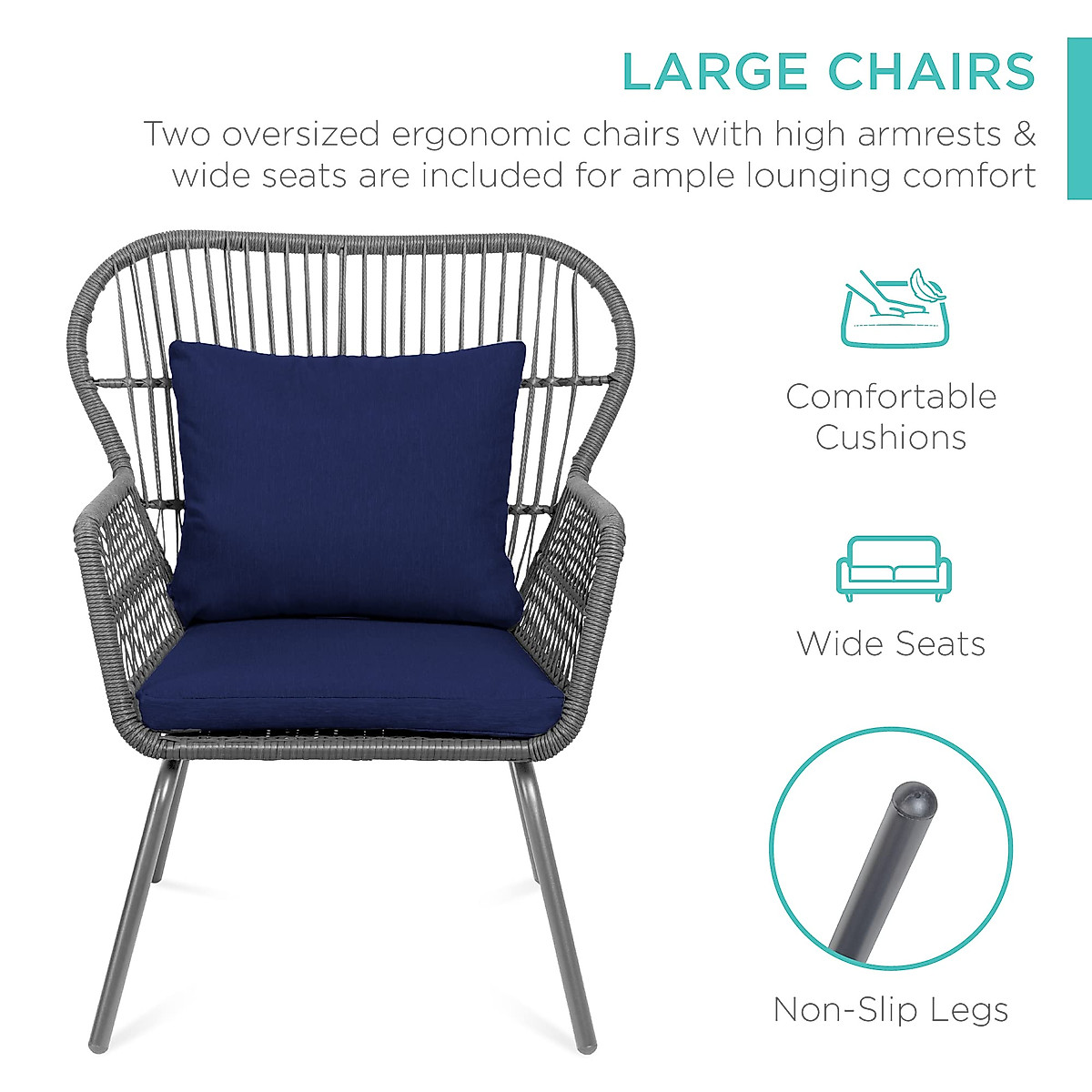 Best Choice Products 3-Piece Patio Conversation Bistro Set, Outdoor All-Weather Wicker Furniture for Porch, Backyard w/ 2 Wide Ergonomic Chairs, Cushions, Glass Top Side Table - Gray/Navy