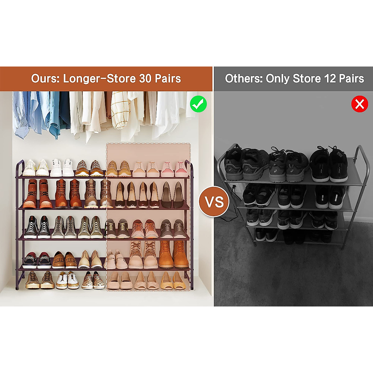 KIMBORA 4 Tier Long Shoe Rack for Closet, Wide Shoe Storage Organizer Stackable Shoe Shelf for Floor, Bedroom 30-Pairs (Bronze)