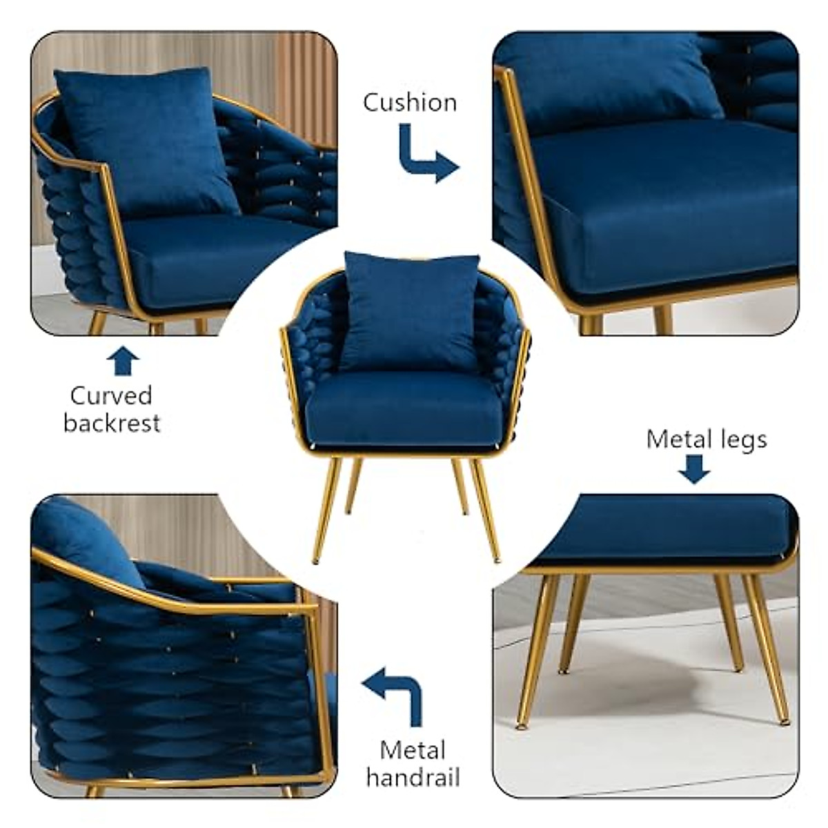 Mystiqueserenity Velvet Armchair, Modern Single Person Casual and Comfortable Accent Chair, with Tufted Backrest, Metal Frame, Soft Cushion, for Home, Living Room, Office, Bedroom (Blue)