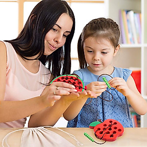 KLT Lacing Toy for Toddlers, Wooden Threading Toys, 1 Apple and 1 Watermelon with Bag, Educational and Learning Montessori Activity for Baby and Kids, Great Car and Plane Puzzle Travel Games