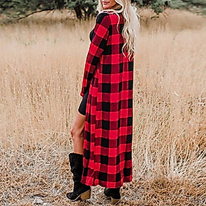 NEARTIME Women's Long Sleeve Waterfall Lightweight Plaid Cardigan Boho Kimono Cover Up Casual Outwear