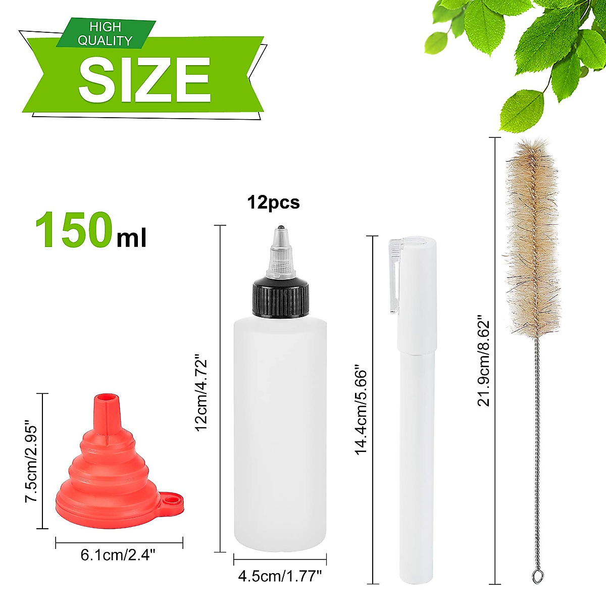 BENECREAT 12 Pack 5oz Plastic Squeeze Dispensing Bottles with Black Twist Cap Glue Bottle with Hopper, Cleaning Brush, Sticker Label and Marker Pen for Crafts, Art, Glue, Multi Purpose