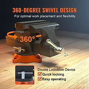 VEVOR Bench Vise, 6.5" Jaw Width 6.5" Forward &9.3" Reverse Opening, 360-Degree Swivel Locking Base Multipurpose Workbench w/Anvil, Heavy Duty Ductile Iron w/Bolts & Nuts, for Drilling, Pipe Cutting