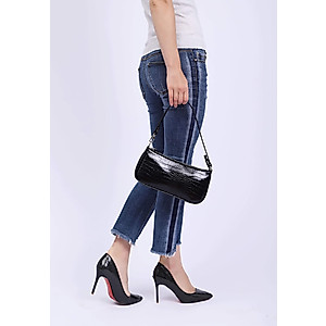 Small Shoulder Bags for Women Mini Handbags with Croc Pattern (Black with Leather Strap)