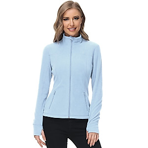 Fleece Zip Up Women Lightweight Soft Fleece Athletic Running Track Jackets Slim Fit Workout Jacket with Thumb Holes(Light Blue,Small)