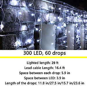 Joomer Christmas Icicle Lights,300 LED 29ft 8 Modes with 60 Drops,Christmas Lights with Timer,Waterproof Connectable Outdoor String Lights for Holiday,Wedding,Party Christmas Decorations(White)