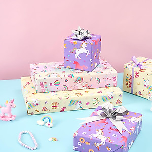 WERNNSAI Unicorn Wrapping Paper Rolls - 3 Rolls 17” x 120” Unicorn Birthday Wrapping Paper Rolls Pink Unicorn Rainbow Gift Wrap Paper Girls Purple Wrapping Paper Rolls Kids Bday Gift Wrap with Cutting Line