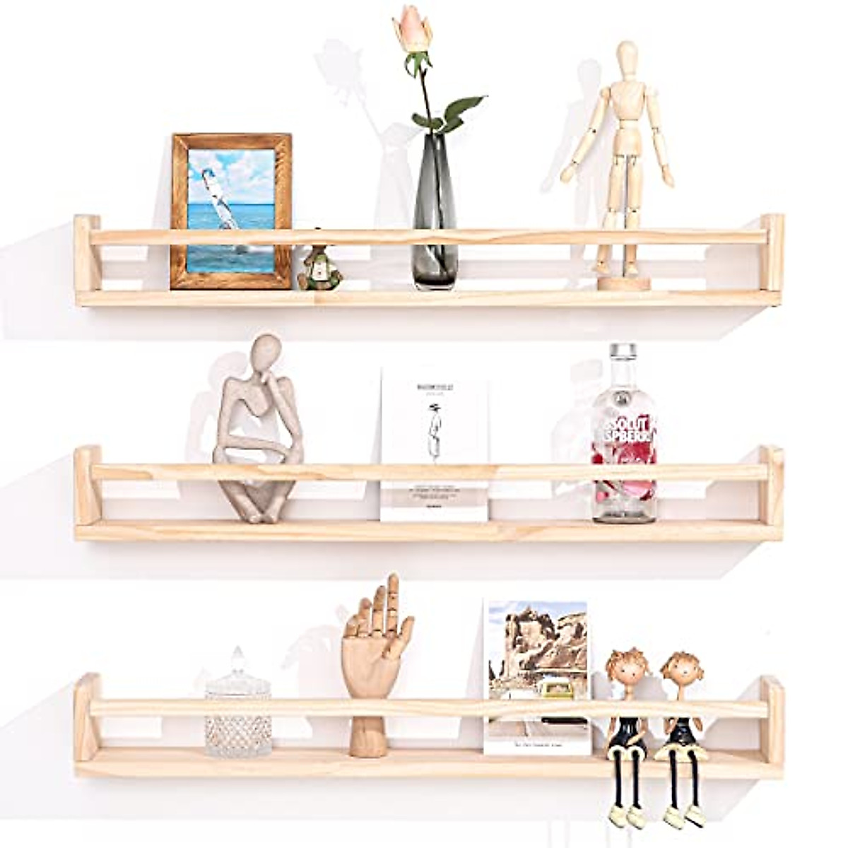 MBYD 36 Inch Wall Bookshelf Set of 3 Same Dimensions, Handmade Natural Wood Floating Bookshelves, Nursery Shelves, Kitchen Spice Rack or Bathroom Organizer