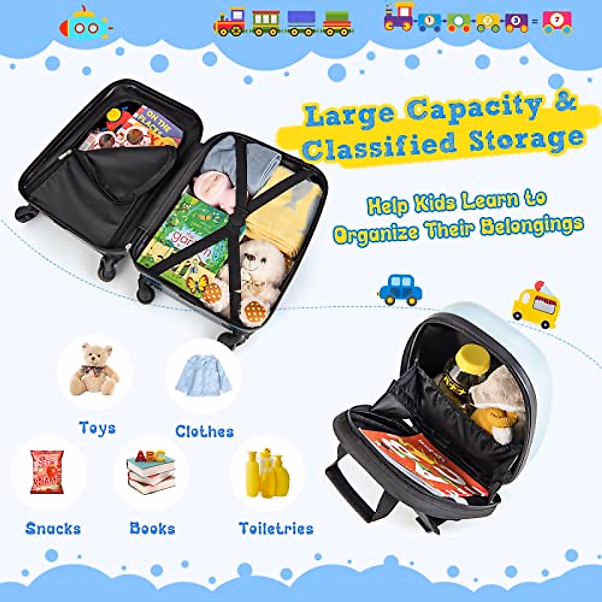 HONEY JOY Kids Luggage, 12" Toddler Backpack & 16" Travel Suitcase with Wheels, Lightweight Toddler Girls Suitcase, Durable ABS Hardshell, 2Pcs Carry On Luggage Set for Boys Girls(Car)