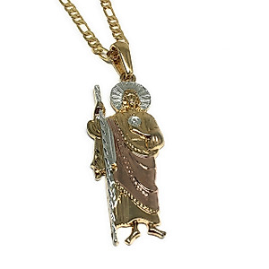 Big Saint Jude Pendant Necklace Figaro 26" San Judas Tadeo XL Tres Colores Medalla Con Oro Laminado