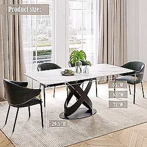 Modern Dining Table, Sintered Stone Tabletop Dining Room Table for Up to 8, Simple Retro Art, Rounded Corner Design, Solid Black Carbon Steel Base, 71"