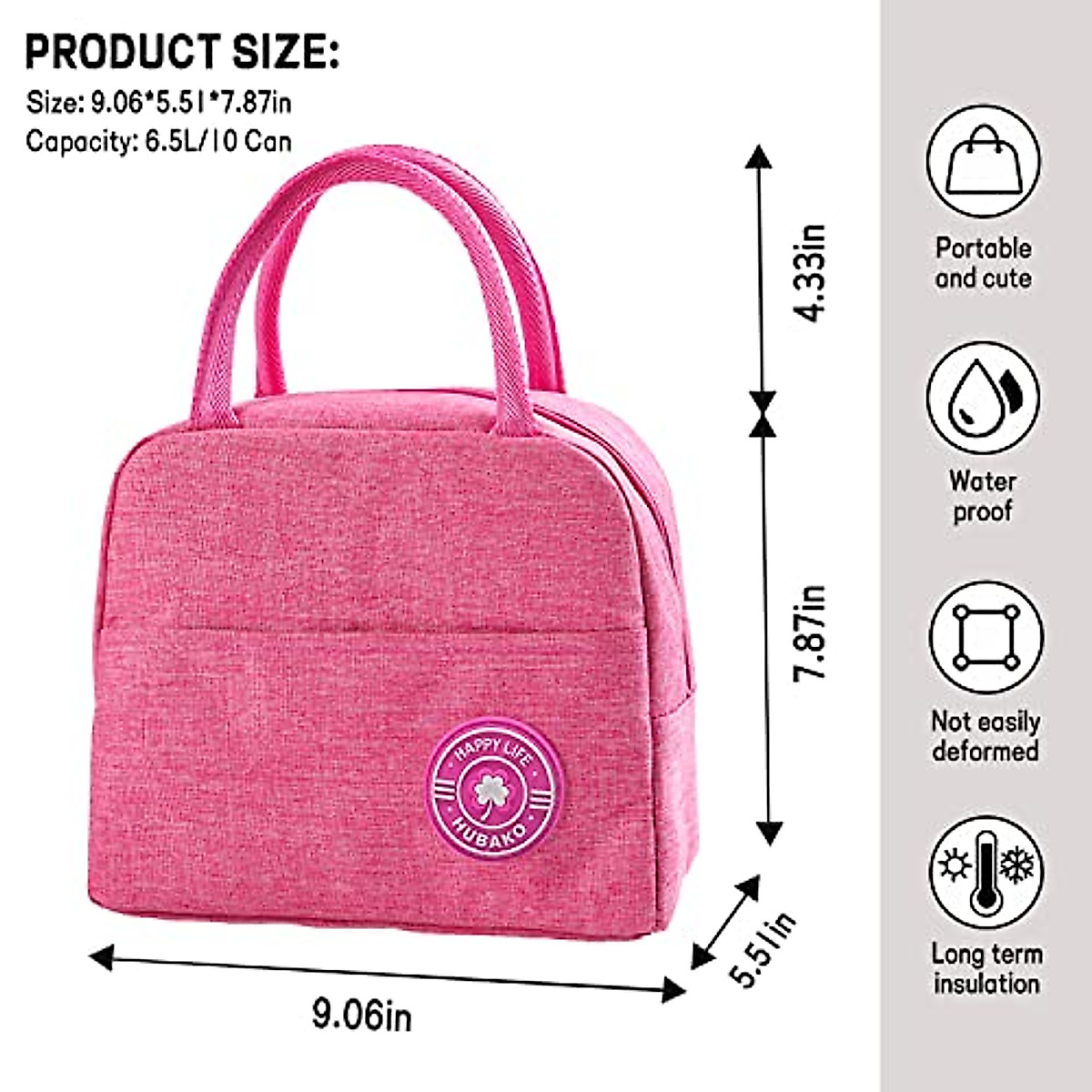 HUBAKO Small Portable Cute Lunch Bag for Kids, Mini Insulated Children Lunch Box Reusable Student Lunch Tote Bag with Front Pocket for Boys Girls, Durable LunchBag for School Picnic Office Work,Pink