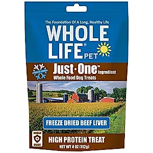 Whole Life Pet Just One Beef Liver Dog Treats - Human Grade, Freeze Dried, One Ingredient - Training Or Reward, Grain Free, Made in The USA