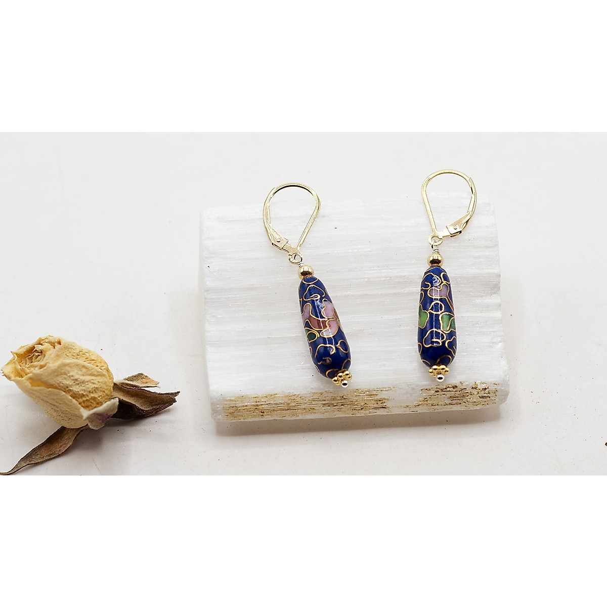 LTC Designs Dainty Small Blue Cloisonné Enameled Floral Teardrop Earrings made with 14k Gold-filled Leverbacks for Women, Teens, Young Adult Casual Everyday Earrings