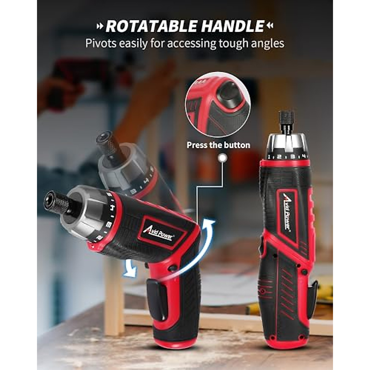 AVID POWER Electric Screwdriver Set Rechargeable 4V Cordless Screwdriver Kit with 44pcs Accessories, 5.65Nm Screw Gun, 5+1 Torque Setting, 2 Position Handle with LED Light