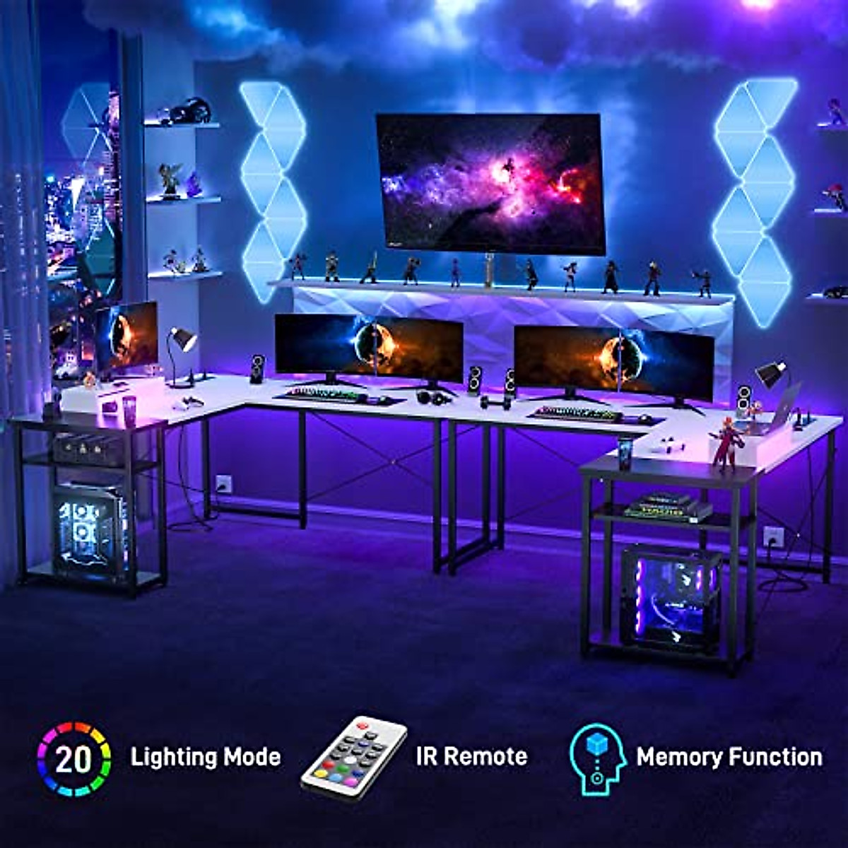 Cyclysio L Shaped Desk with Power Outlets and USB Ports, Reversible L Shaped Gaming Computer Desk with LED Light, 83.5'' Large 2 Person Desk with Monitor Stand, L-Shaped Corner Desk, White and Black