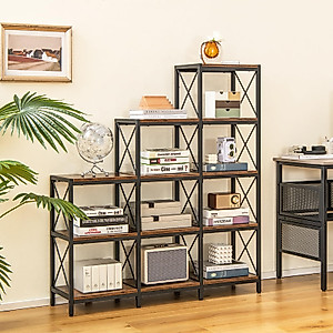 Tangkula 9 Cubes Bookshelf, 5-Tier Stepped Bookcase w/Carbon Steel Frame, Anti-Tipping Kits & Adjustable Foot Pads, 12 Shelves Storage Open Display Shelf for Home Office (9-Cube, Brown)