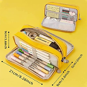 ORPHEUS Large Pencil Case Big Capacity 3 Compartments Canvas Pencil Pouch for Teen Boys Girls School Students (Yellow)