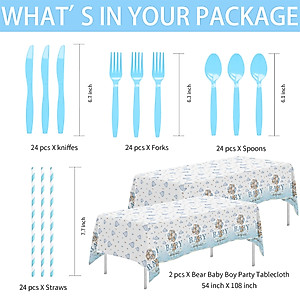 Suhelkit Bear Baby Shower Decorations Tableware - We Can Bearly Wait Baby Shower Decorations Boy, Paper Plate, Napkin, Cup, Cutlery, Tablecloth, Blue Teddy Bear Baby Shower Party Supplies | 24 Guests