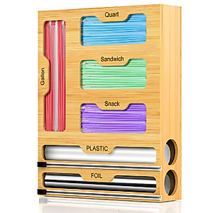 Lawmoliw Bag Storage Organizer for Kitchen Drawer, 6 in 1 Foil and Plastic Wrap Dispenser with Cutter, Bamboo Plastic Bag Food Baggie Organizer for Gallon, Quart, Sandwich, Snack