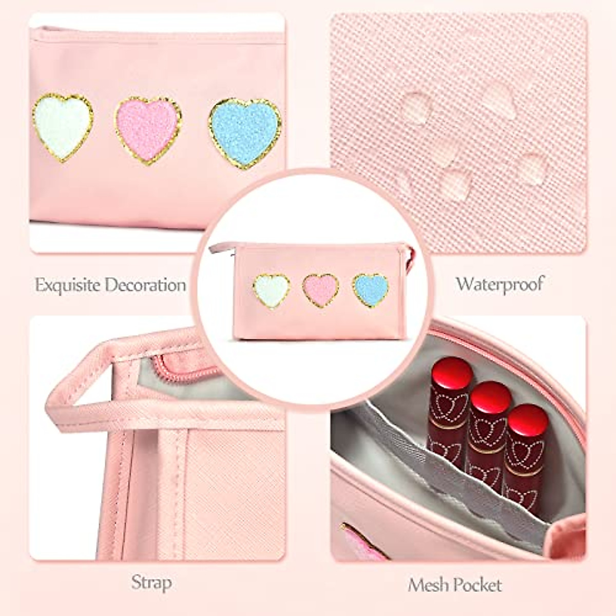 BYXEPA Preppy Heart Makeup Bag with Pocket Cosmetic Bag Waterproof Make up Travel Accessories Case Kids Portable Storage for Teen Girls Gift (Pink-Hearts)