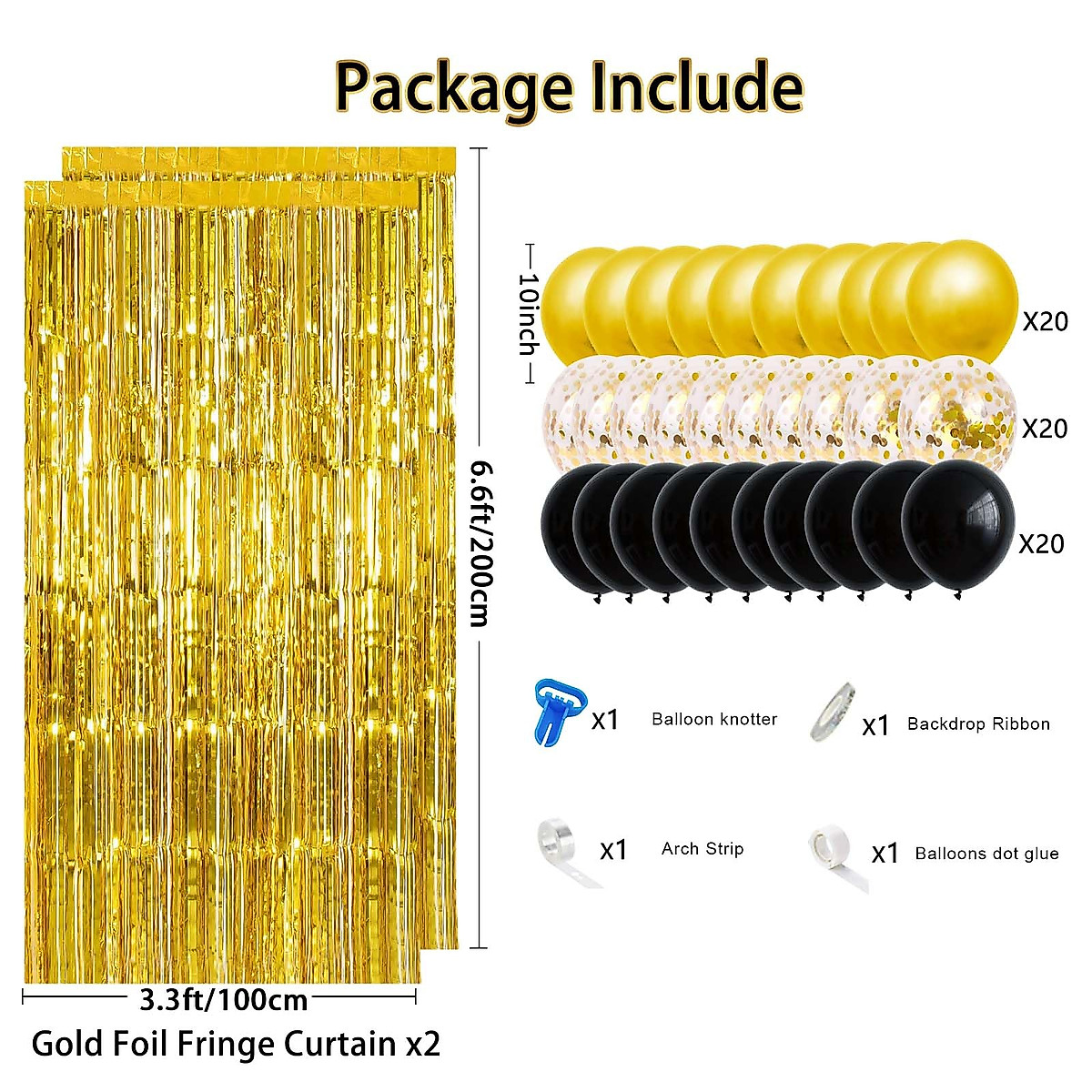 Avezano 66pcs Black and Gold Party Decorations, Gold Metallic Tinsel Foil Fringe Curtain Balloon Arch Kit Backdrop for Graduation Retirement Birthday Prom Party Decor Photoshoot Props Supplies