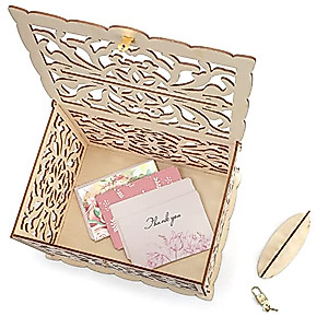 Lawei Wedding Card Box with Lock and Card Sign, Rustic Wooden Card Box, DIY Envelop Gift Money Box Holder, Large Hollow Envelope Box for Wedding Reception, Baby Shower, Birthday, Graduation, Yellow