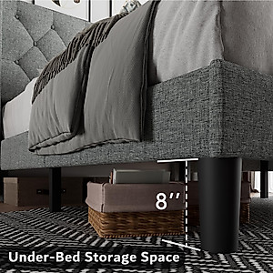 iPormis King Size Bed Frame with Upholstered Wingback, Platform Bed Frame with Diamond Button Tufted Headboard, 8" Under-Bed Space, Sturdy Wooden Slats, Noise-Free, No Box Spring Needed, Light Grey