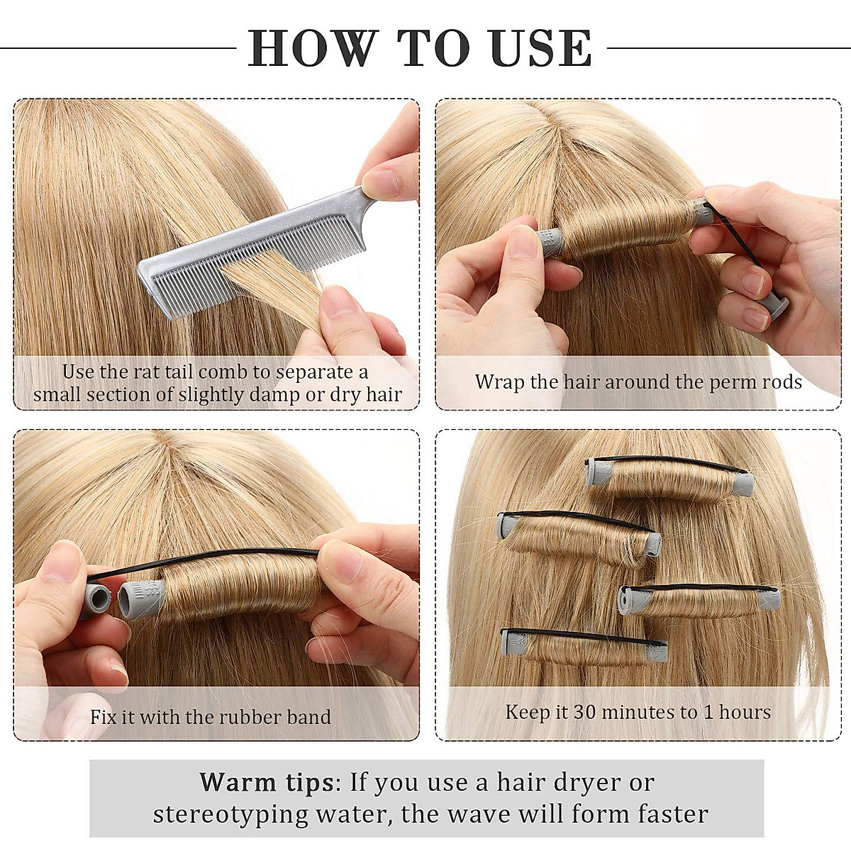 WILLBOND 36 Pieces Cold Wave Rod Hair Perm Rods Hair Rollers Perming Curlers with Steel Rat Tail Comb for Hairdressing Styling