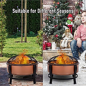 Outsunny 30 Inch Outdoor Fire Pits, Copper-Colored Round Basin Camping Fire Pit, Wood Burning Firepit Bowl with Ornate Black Base, Log Grate, Wood Poker, & Mesh Screen for Embers