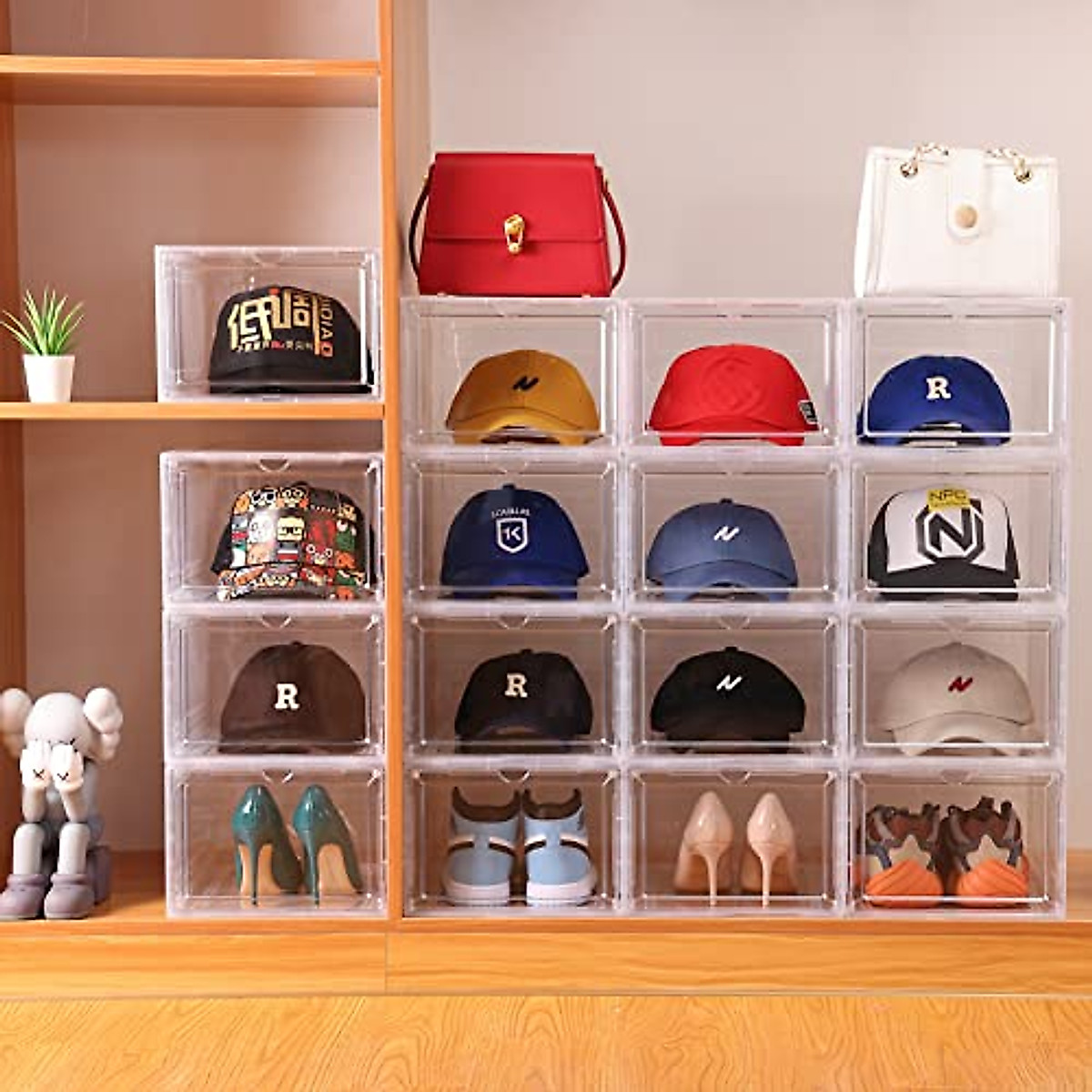 Hat Organizer for Baseball Caps,set of 6, Transparent Hat Storage Box, Hat Holder With Clear Magnetic Door, Stackable Hat Rack, Easy to Assemble Stylish Hat Display(13.5 "x 10.6" x 7.5 ")