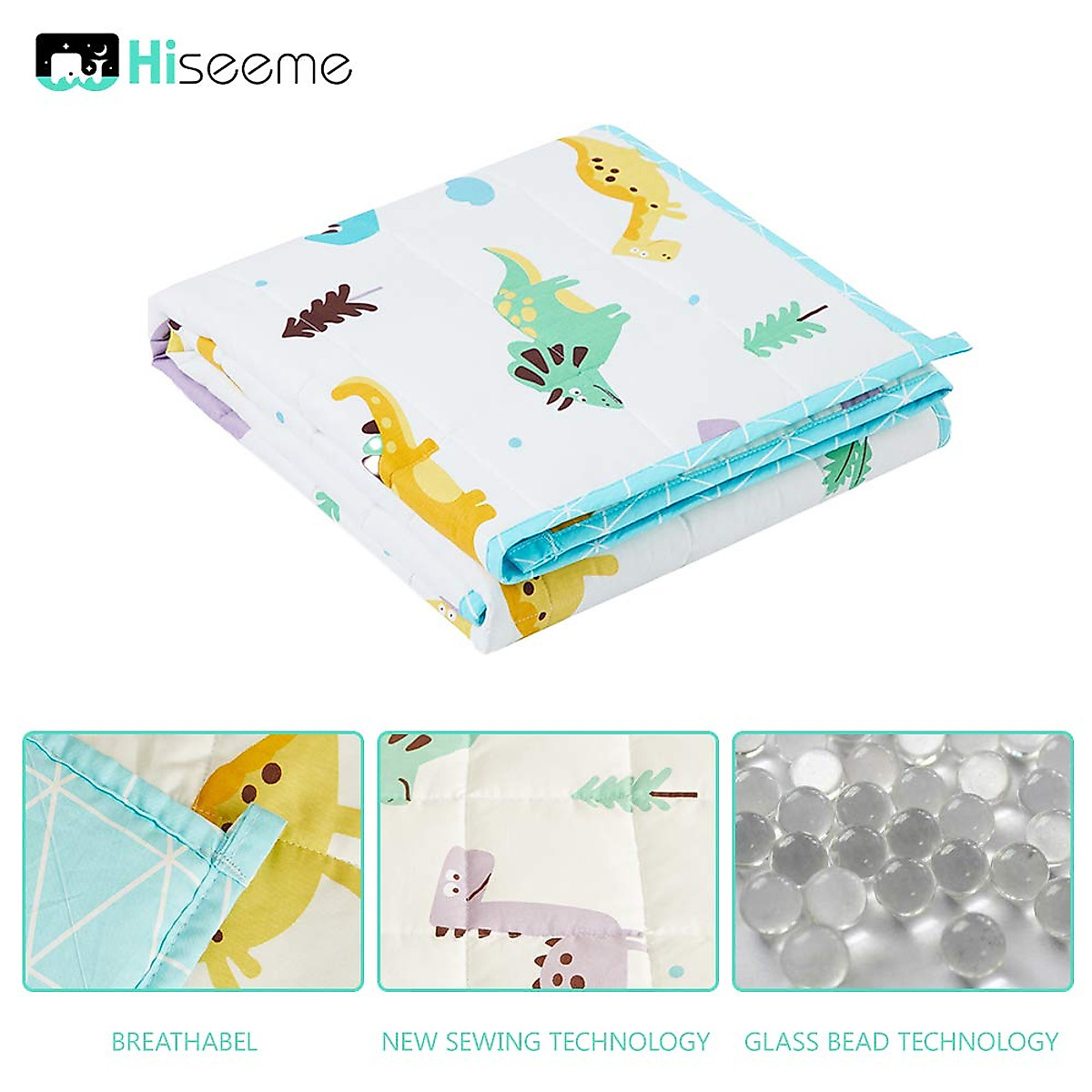 Hiseeme Weighted Blanket for (7lbs, 41''x60'', Single Size) Small Pockets - Breathable Cotton with Glass Beads (Dinosaur)