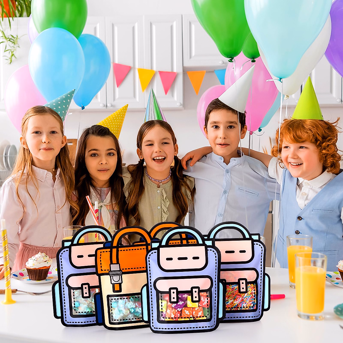 Locmeo 40 Pcs Birthday Goodie Bags Bulk Reusable Goodie Bag Back to School Gift Bags Top Handle Gift Bag Cute Backpack Goodie Bag with Handle Candy Bag for Kids Party(Purple Orange)