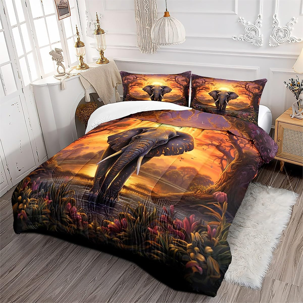 Ydtwnyq Queen Comforter Set 3 Pcs Wild Animal Elephant Printed Soft Bedding Comforter Sets Queen Size Comforter with 2 Pillowcases for All Seasons