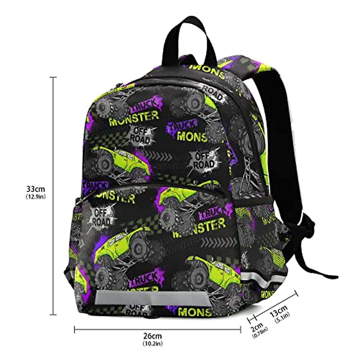 Glaphy Monster Truck Car Green Kids Backpack for Boys Girls, Kindergarten Elementary Toddler Backpack with Reflective Stripes, Preschool Bookbag with Chest Strap