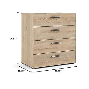 Tvilum Bedrooms, Living Areas, or Entryways, Silver Handles, Steel Brackets at Bottom 4 Drawer Chest, 15,85 in D x 26,81 in H x 31,57 in W, Oak