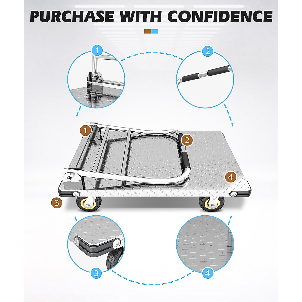 Platform Truck cart, Flatbed cart, 2200 pounds.with 6-inch Rotating Wheels Large Platform Suitable for Grocery Stores, garages, Offices, Storage Rooms (Silver) (35.4x23.6 inch)