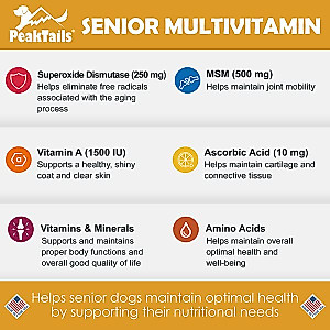 Kala Health PeakTails Senior Multivitamin for Dogs, Hip and Joint Support, Healthy Skin, Shiny Coat, Contains antioxidants and 18 Essential Amino acids and 19 Vitamins and Minerals, 350Count