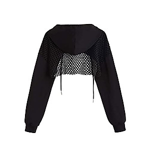 Verdusa Women's Hollow Out Fishnet Long Sleeve Drawstring Hoodie Super Crop Sweatshirt Black L