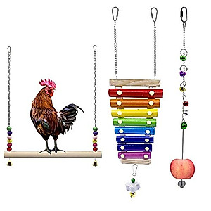EBaokuup 3PCS Chicken Toys for Coop Accessories, Chicken Xylophone Toy, Suspensible Wooden Chicken Toys for Hens Chicken Stand Toy, Chicken Vegetable Hanging Feeder Chicken Veggies Skewer Fruit Holder