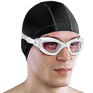 AqtivAqua Transition Swim Goggles Swimming Goggles for Adult Men Women Kids 6-14 Youth Girls Boys Childrens DX-H (All White frame, Silver case, Photochromic lens)