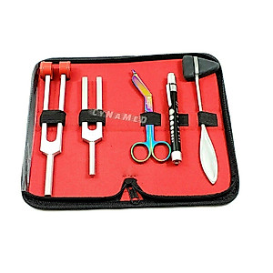 Premium Student Diagnostic Kit- Reflex Hammer & Tuning Fork Set C 128 And C 512 + Wartenberg Pinwheel Premium Steel Bandage Scissor 7.5” (Set Of 5 Rainbow Scissors Reusable Penlight)