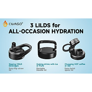 CIVAGO 32 oz Insulated Water Bottle With Straw, Stainless Steel Sports Water Cup Flask with 3 Lids (Straw, Spout and Handle Lid), Wide Mouth Travel Thermal Mug, Cool Gray